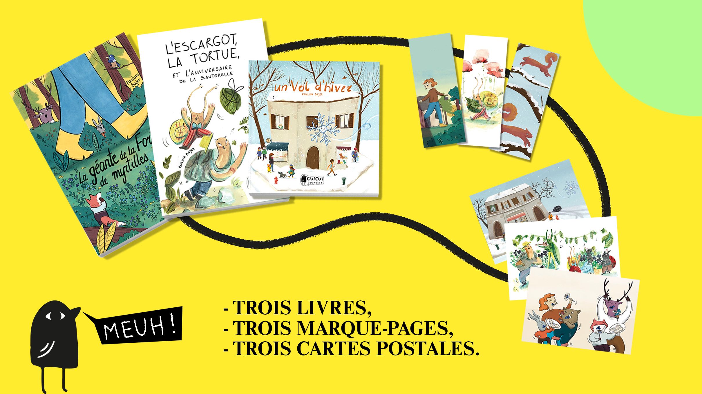 Cuicui et ses trois premiers albums jeunesse.